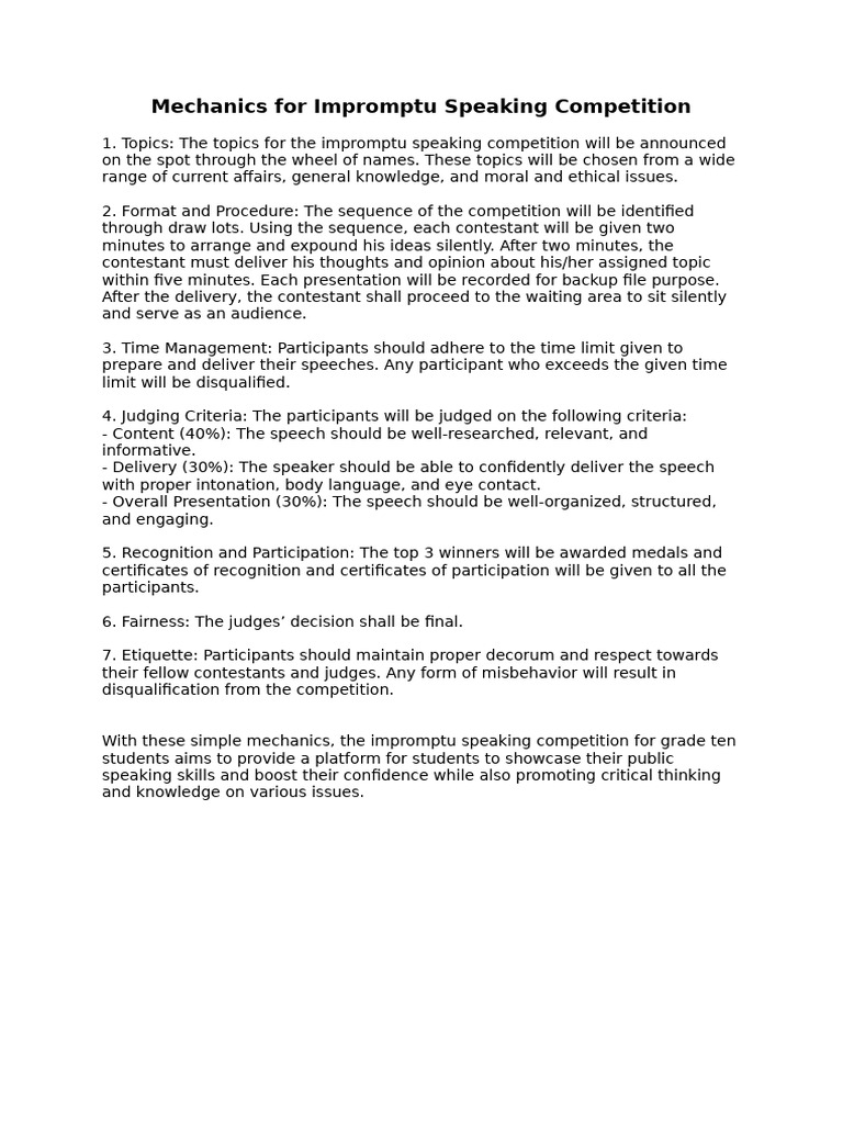 Mechanics For Impromptu Speaking Competition | PDF