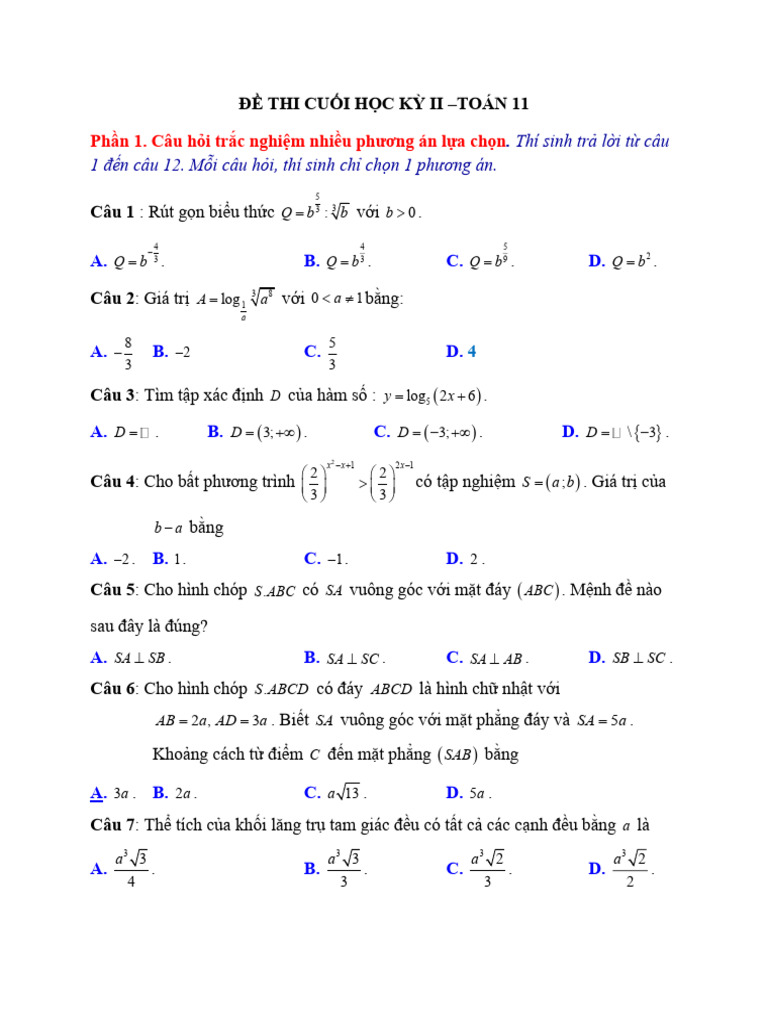 Đề Hkii - Toán 11 - THPTHH | PDF