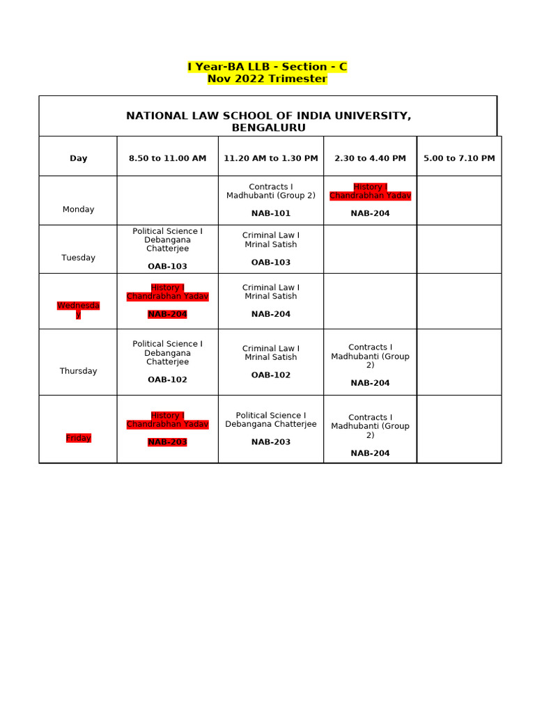 BA LLB Year 1 Class Schedule Nov 2022 | PDF