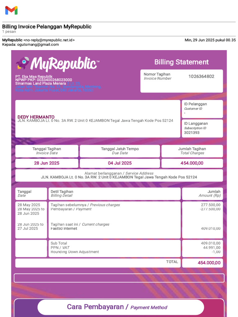 Gmail - Billing Invoice Pelanggan MyRepublic | PDF