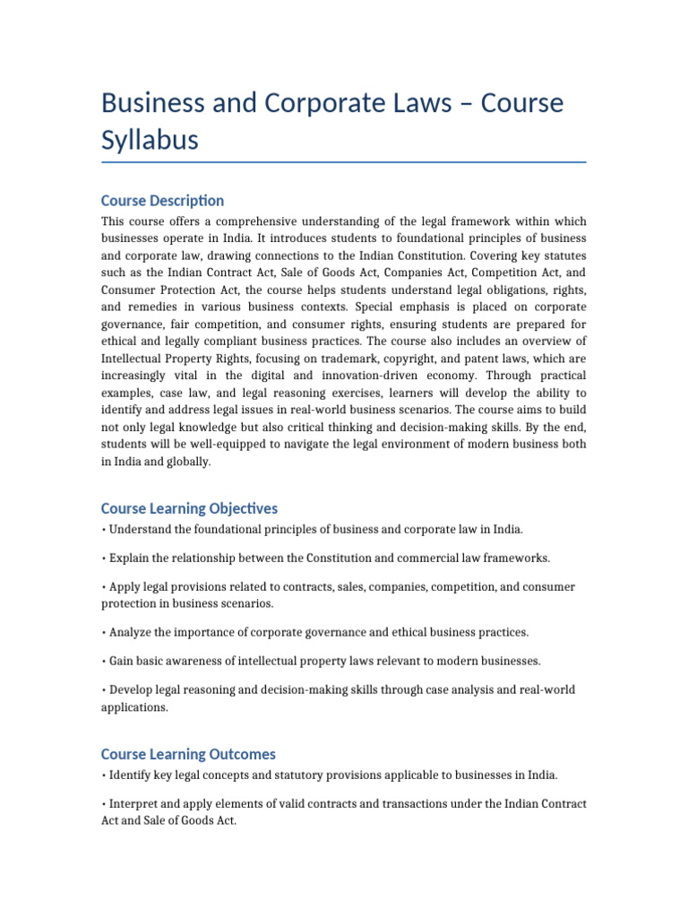 Business Law Course Syllabus in India | PDF | Intellectual Property ...