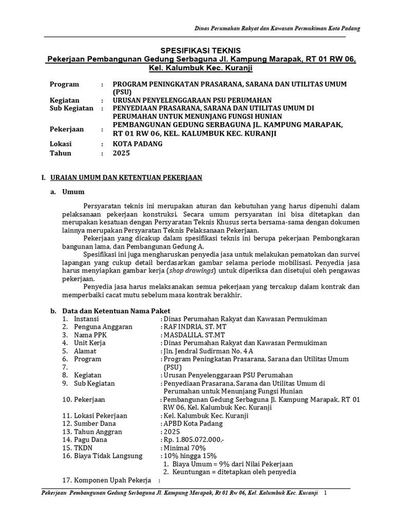 1.+SPEK+Perencanaan+Pembangunan+Gedung+Serbaguna+edit+terbaru+250625 (1) | PDF