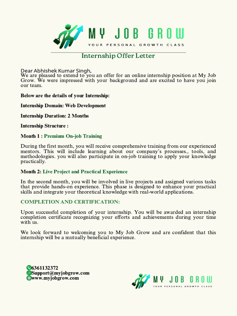 Priyanshu Kumar Bhardwaj - Offer Letter - My Job Grow | PDF