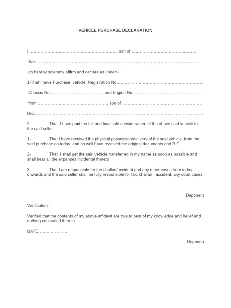 Vehicle Purchase Declaration | PDF