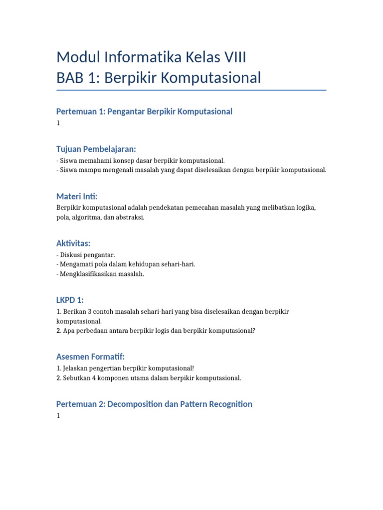 Modul Informatika Kelas8 BAB1 Berpikir Komputasional | PDF