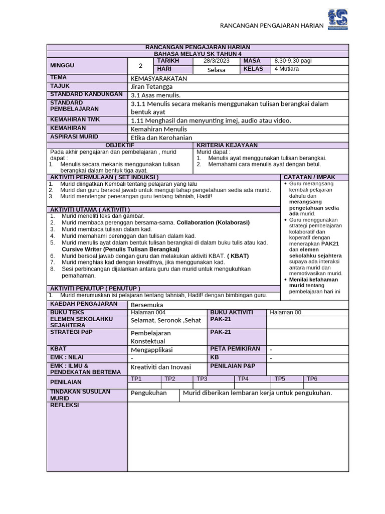 RPH Minggu 2 BM SK THN 4 2023 by Cikgu Gorgeous | PDF
