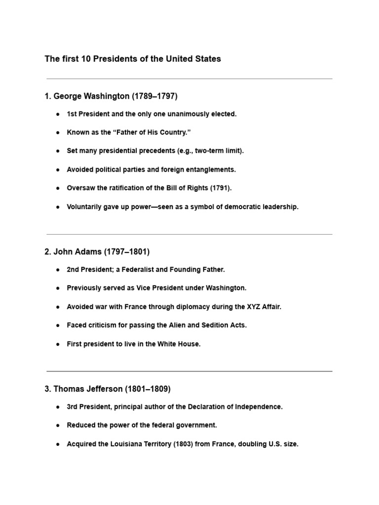 Overview of First 10 U.S. Presidents | PDF | Presidents Of The United ...