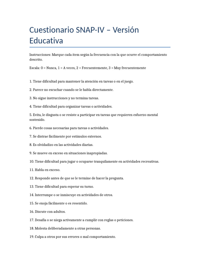 SNAP-IV Educativo | PDF