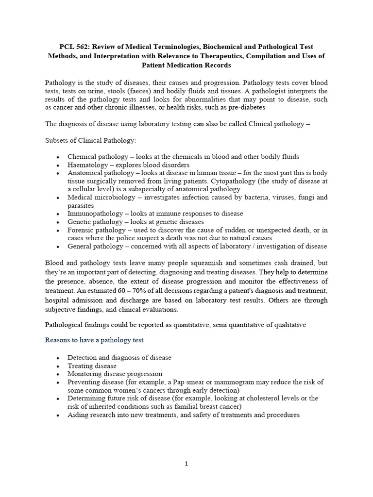 PCL 562 Biochemical and Pathological Test Methods, and Interpretation ...