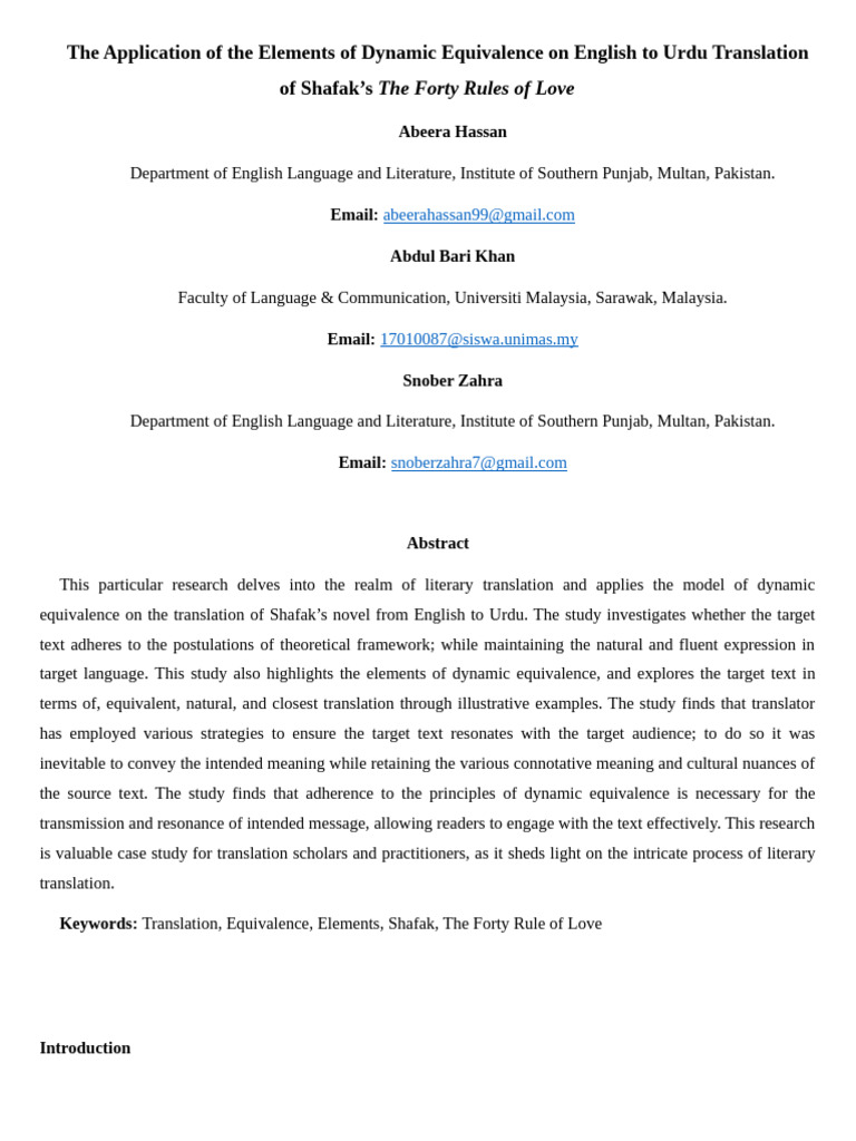 The Application of The Elements of Dynamic Equivalence On English To Urdu Translation of Shafak ...