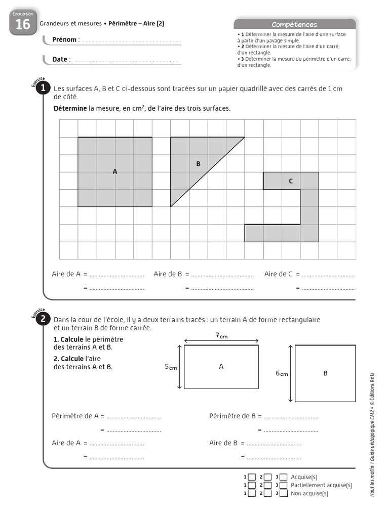 Évaluation aire et périmètre CM2 | PDF | Zone | Géométrie