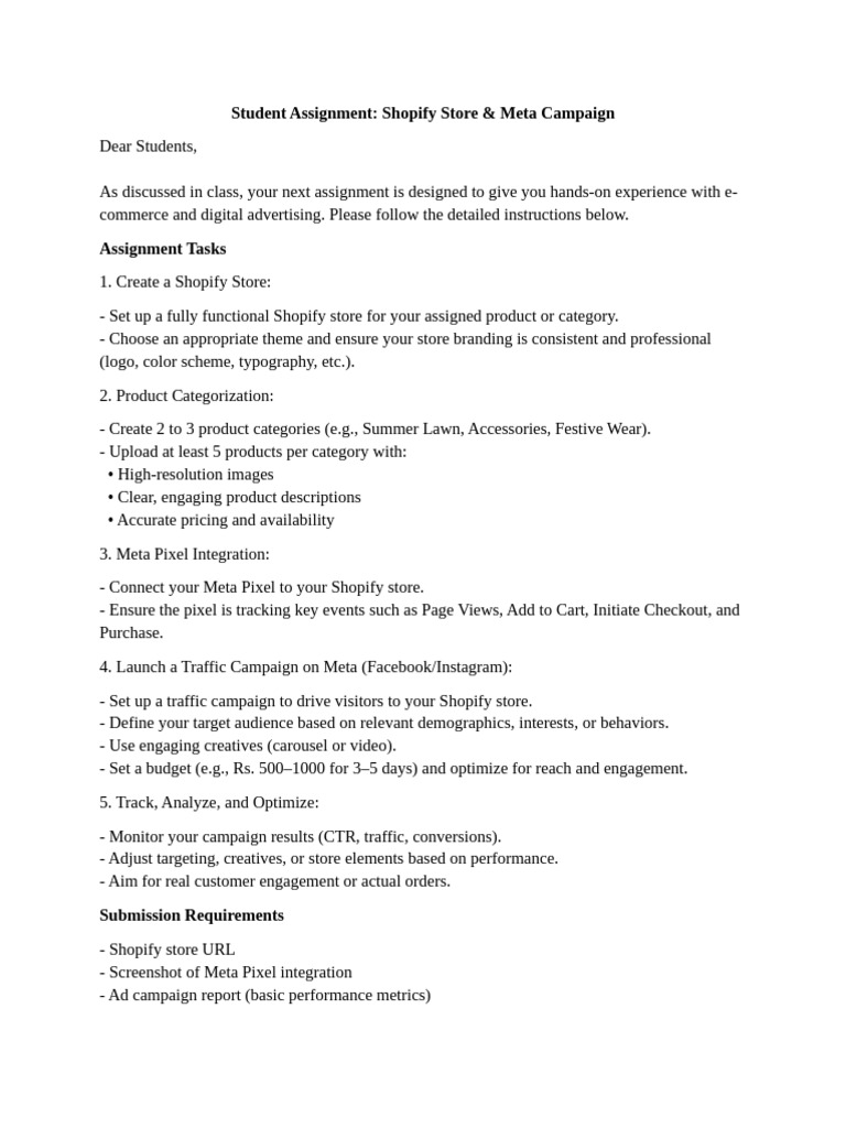 Shopify Store & Meta Campaign Assignment | PDF