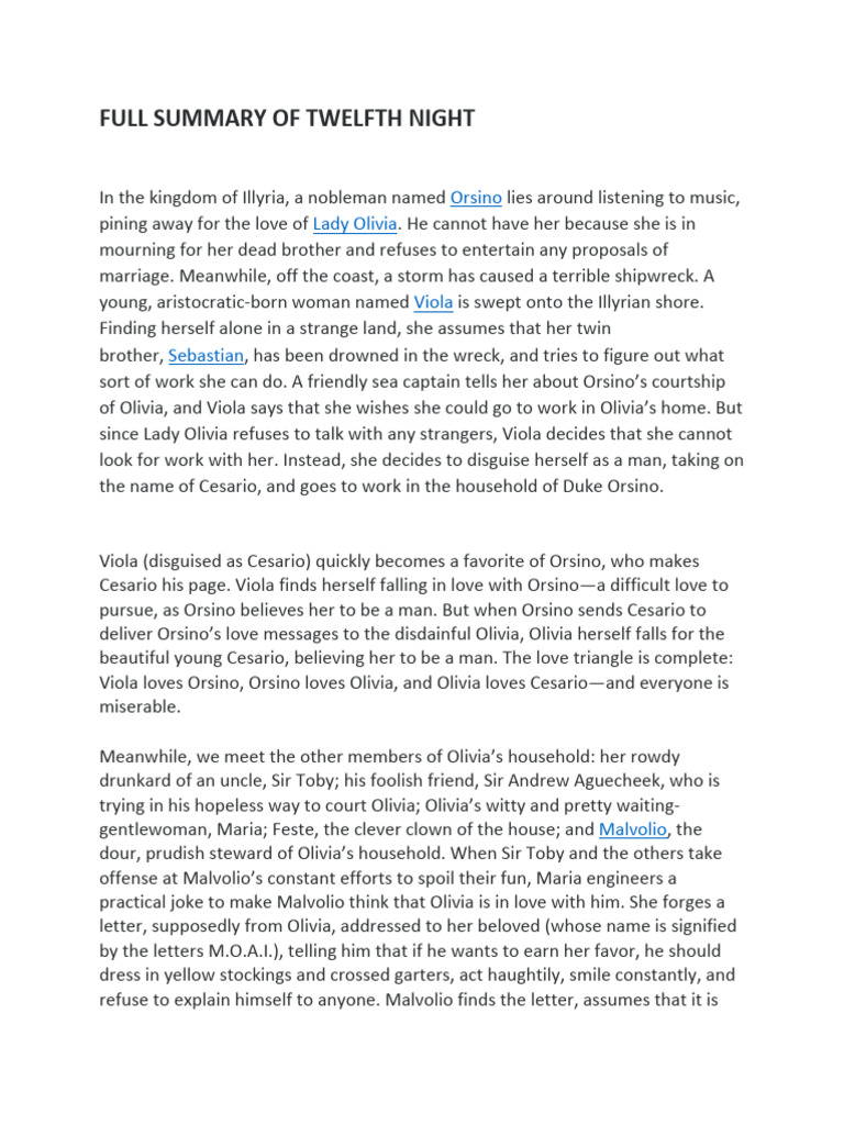 Full Summary of Twelfth Night | PDF | Twelfth Night