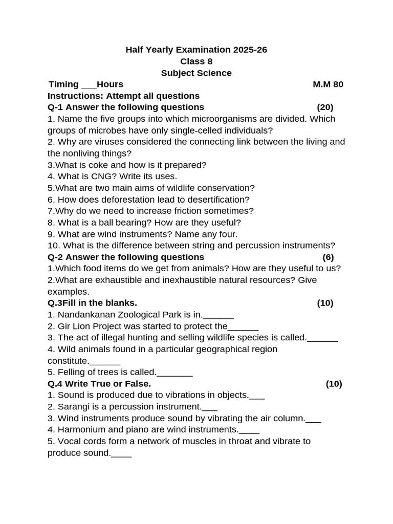 Class 8 Science Half Yearly Exam 2025 | PDF | Poaching | Crime & Violence