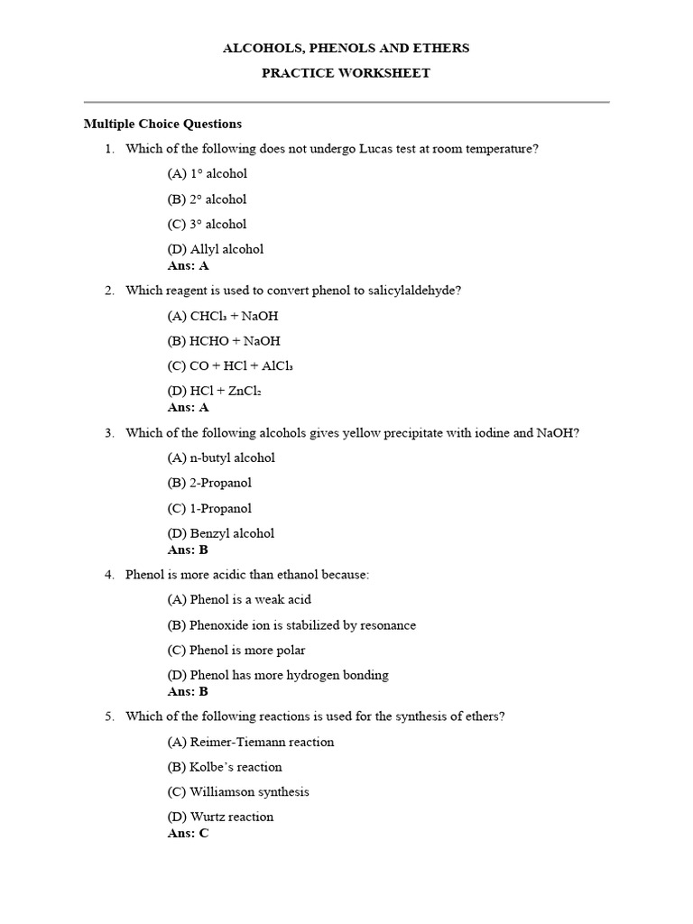 Revision Alcohols, Phenols and Ethers | PDF | Ether | Ethanol