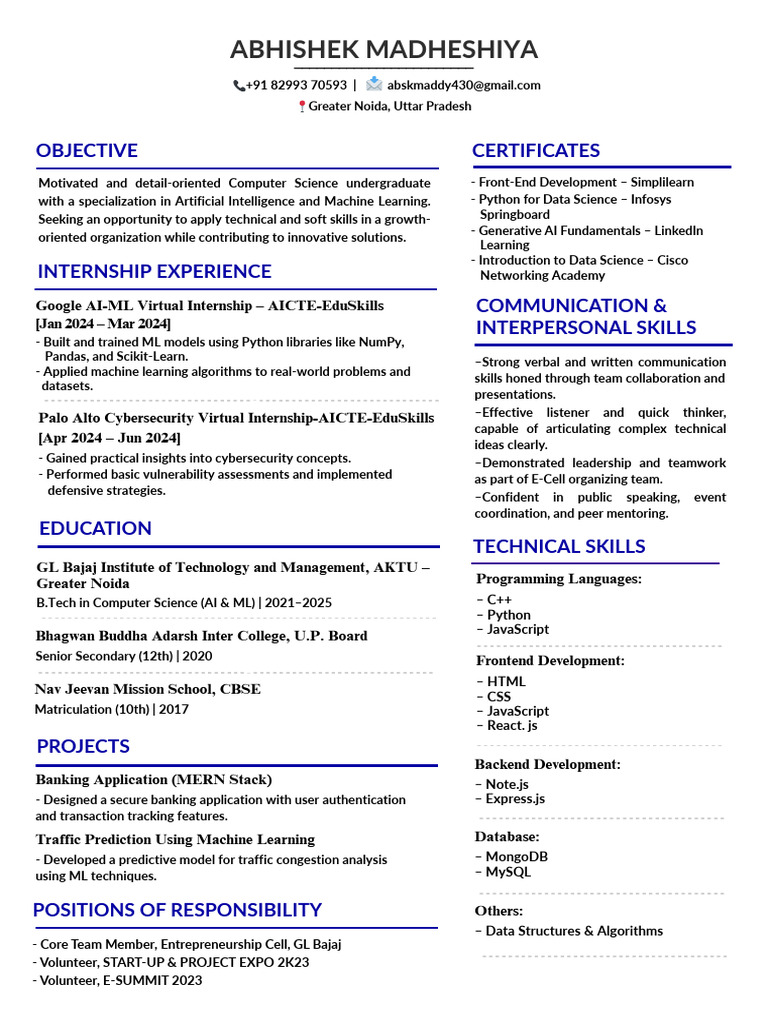 RESUME Abhishek Madheshiya (Final) | PDF | Machine Learning ...