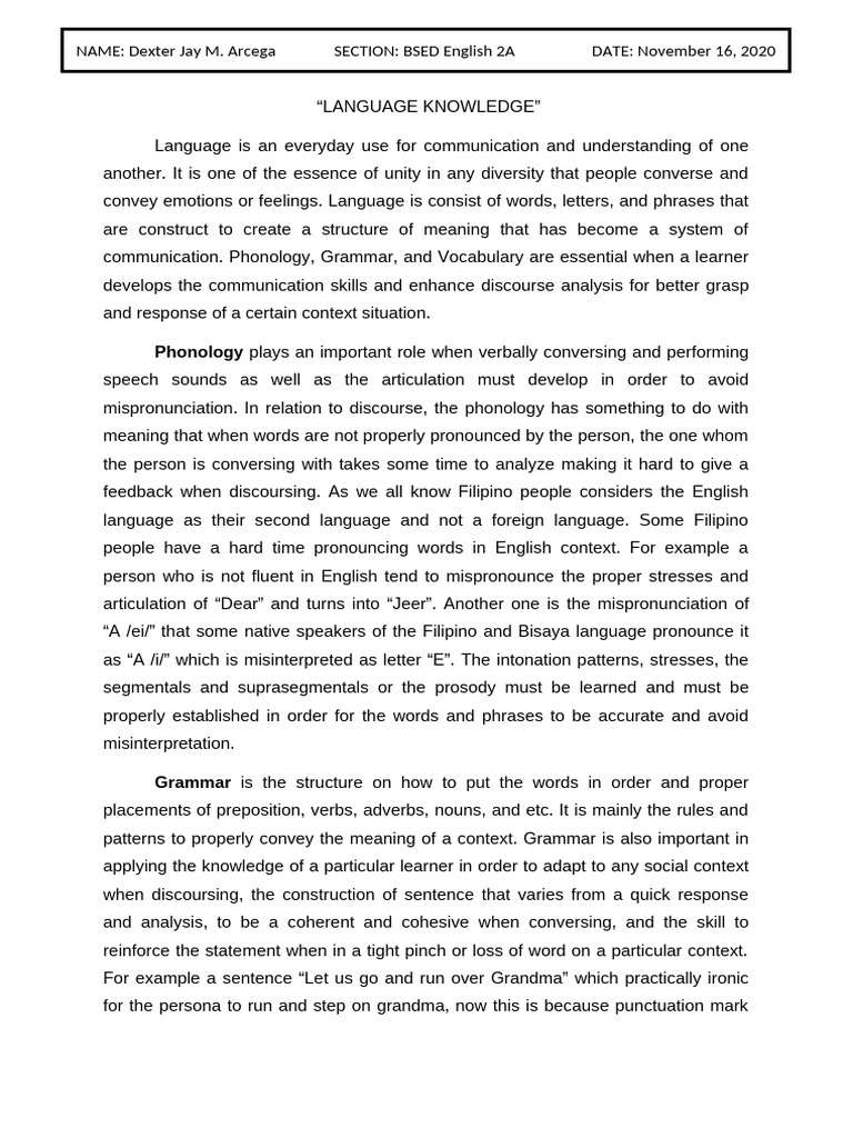 Arcega Languageknowledge Bsed Englsh 2a | PDF | Word | English Language