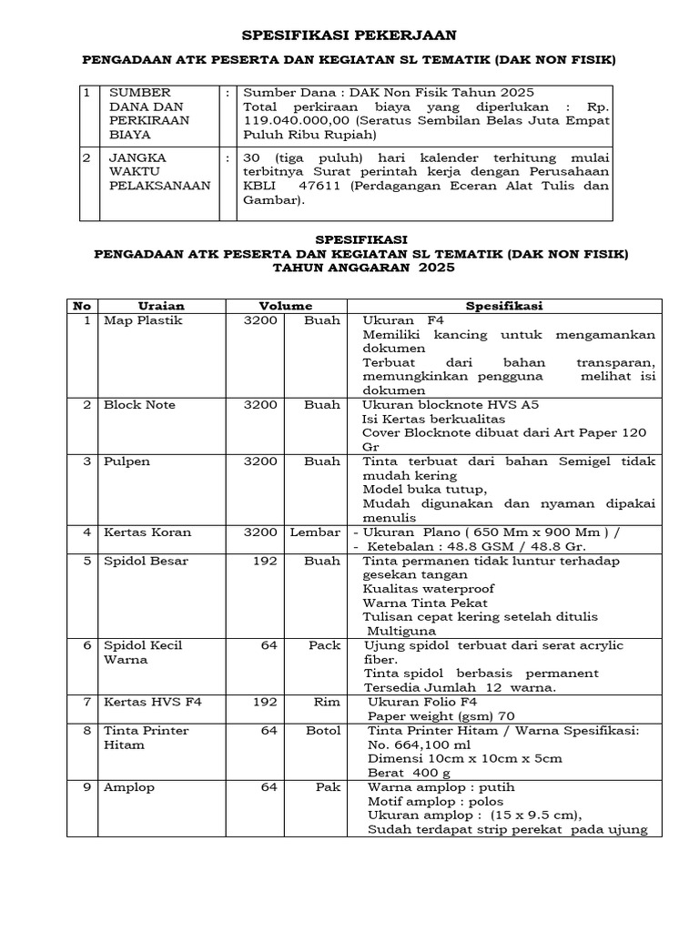Spesifikasi Pekerjaan: Pengadaan Atk Peserta Dan Kegiatan SL Tematik (Dak Non Fisik) | PDF