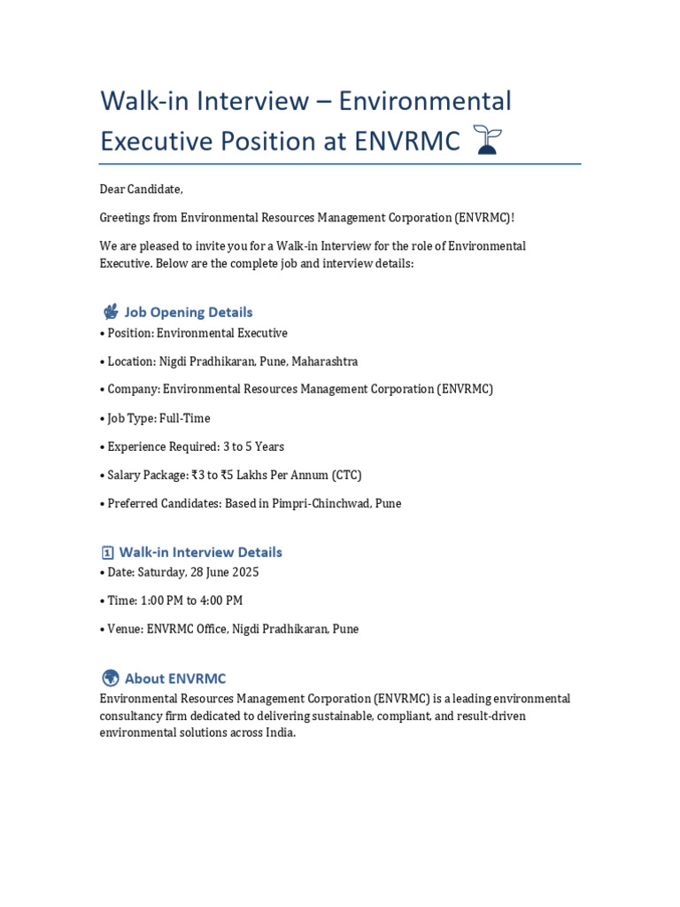 Walk-in Interview for Environmental Executive | PDF
