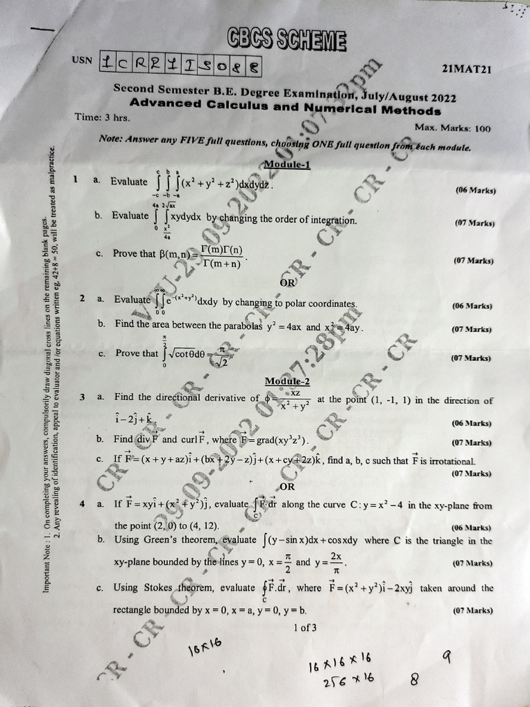 VTU Exam Question Paper With Solution of 21MAT21 Advance Calculus and Numerical Methods Sep-2022 ...