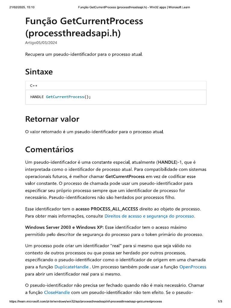 Função GetCurrentProcess (Processthreadsapi.h) - Win32 Apps - Microsoft ...