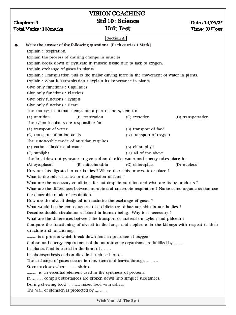 Std 10 Science Unit Test on Respiration | PDF | Digestion | Cellular ...