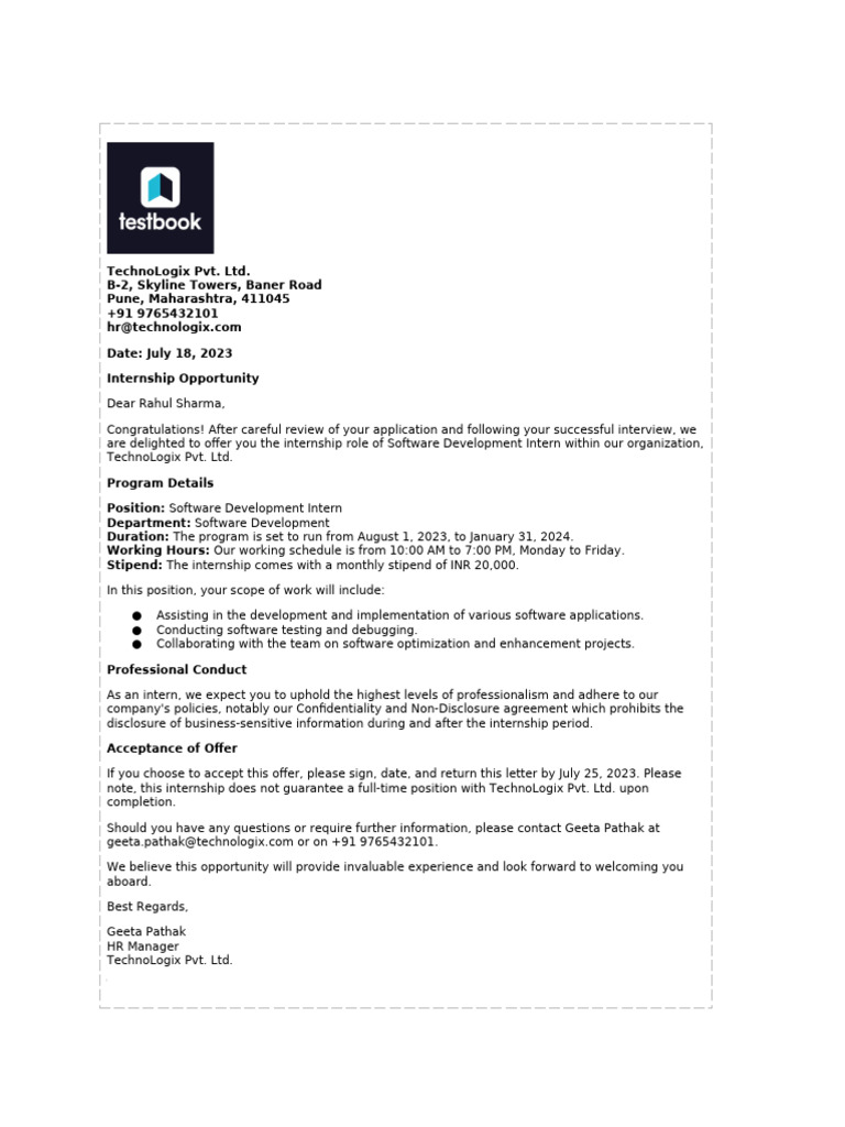 The Internship Offer Letter Sample 5 | PDF