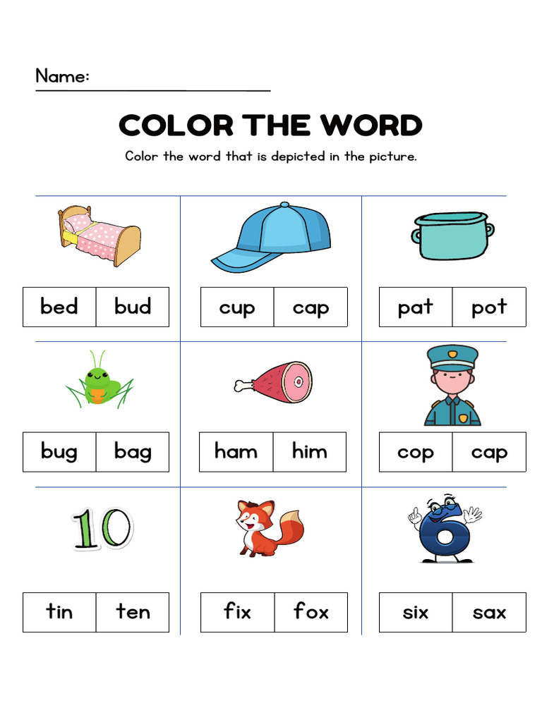 CVC Color The Word Blue Worksheet | PDF