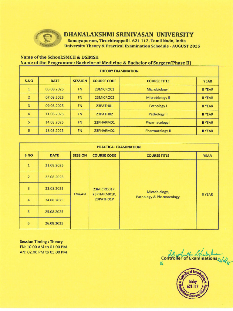 University Examination Schedule - MBBS PHASE II | PDF