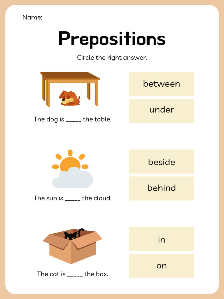 Prepositions Math Worksheet in Beige Colorful Illustrative Style | PDF