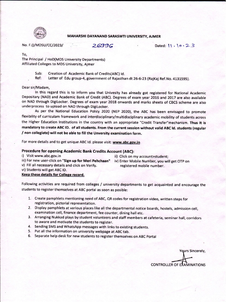 1492 - Letter DT 11-10-23 To Colleges Reg ABC Id | PDF