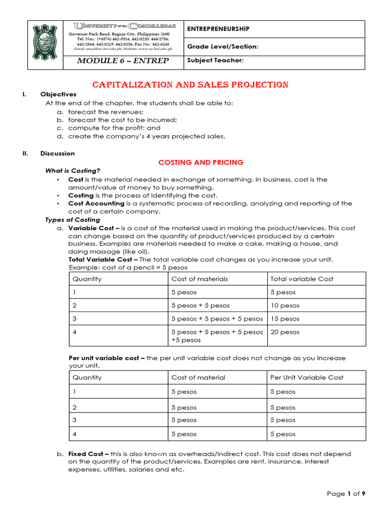 Module 6 - Entrep - Costing and Sales Projection | PDF | Income Statement | Revenue