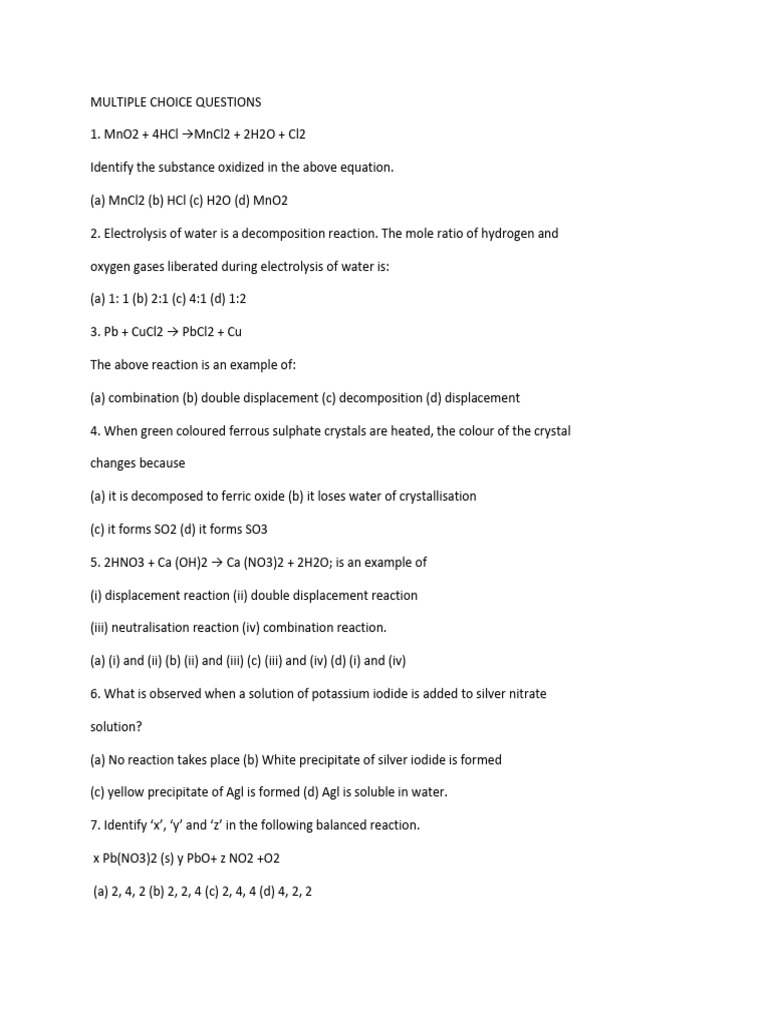 MULTIPLE CHOICE QUESTIONS Chapter One Chemistry | PDF | Chemical ...