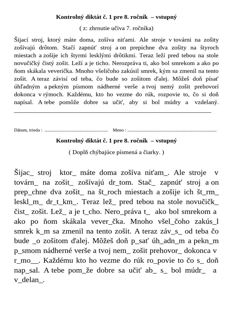 SJL - Kontrolné Diktáty Pre 8. Ročník + Doplňovačky | PDF