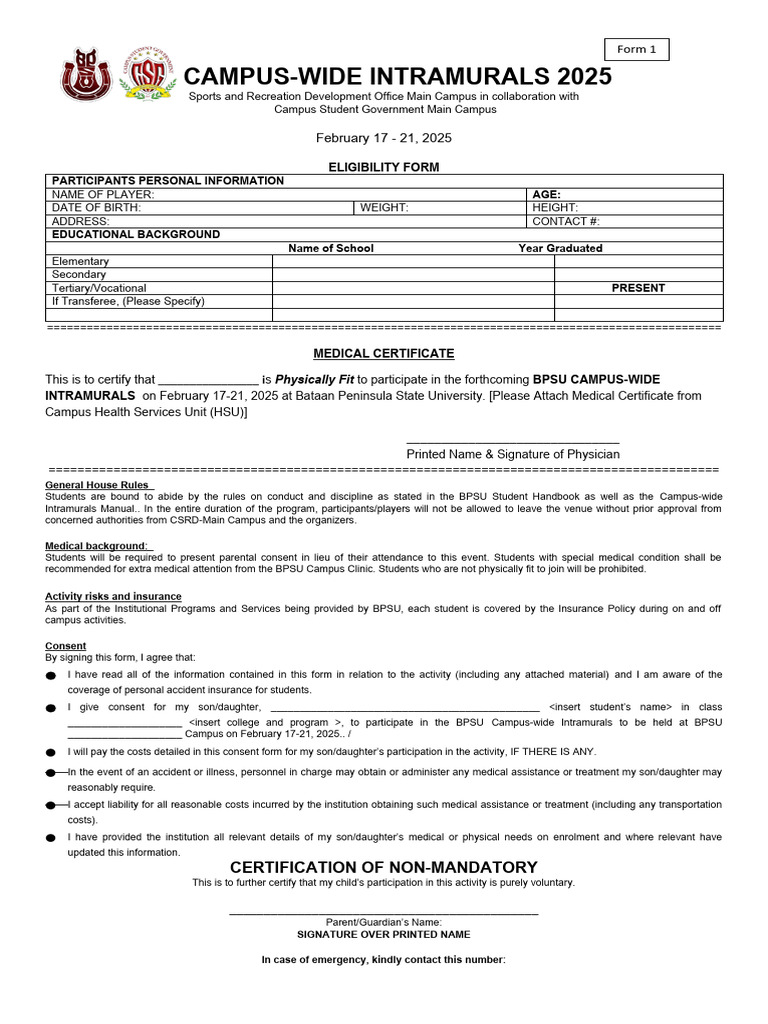 Updated Eligibility. Medical and Consent Form Uni Wide 2023 | PDF ...