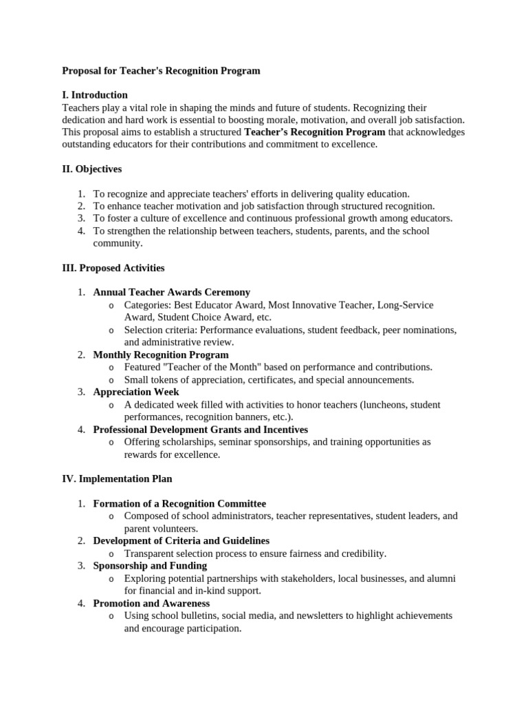 Teacher Recognition Program Proposal | PDF | Teachers | Motivation