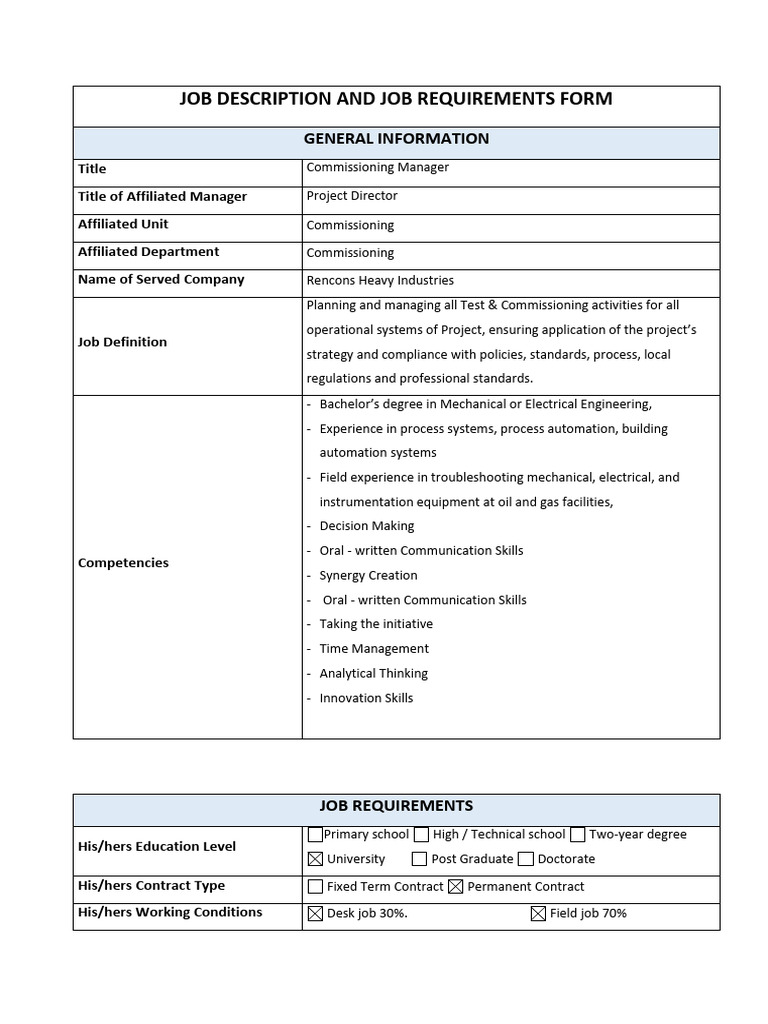 Job Description For Commissioning Manager | PDF | Business