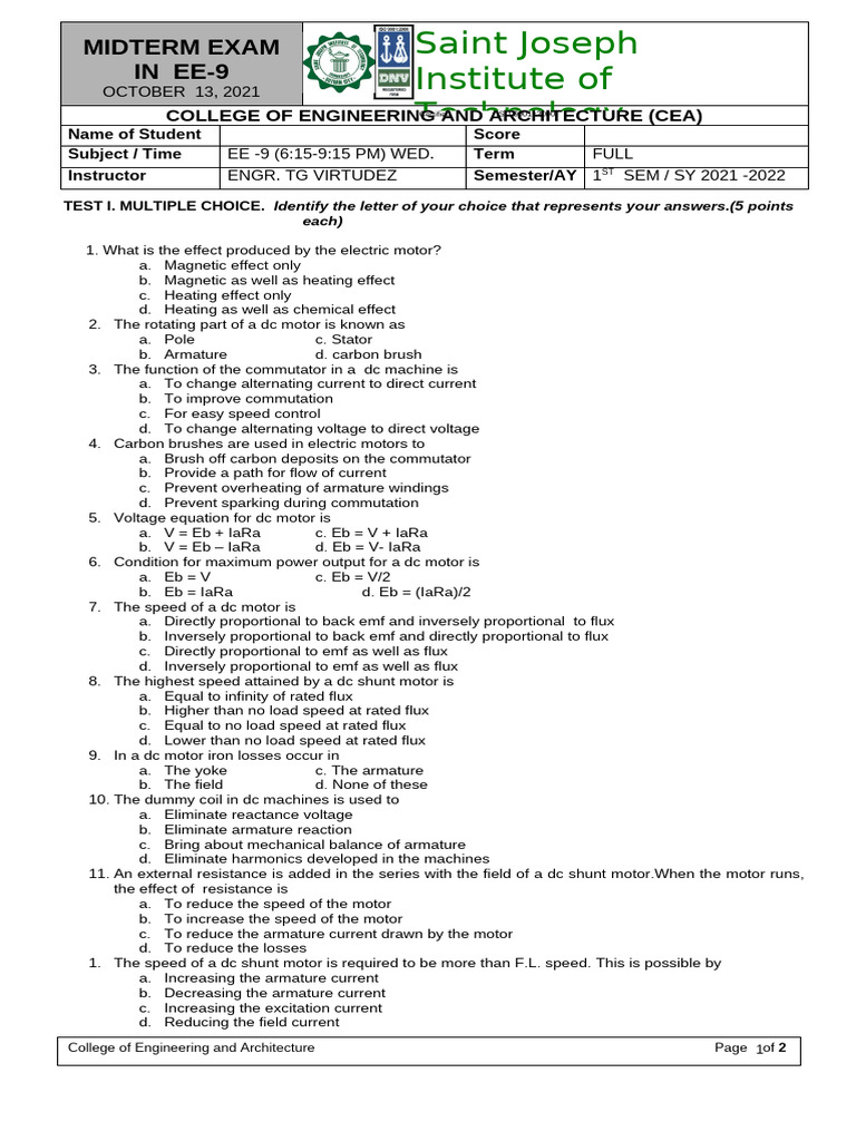 Ee 9 Midterm Examoct. 13 2021 | PDF | Electric Motor | Volt
