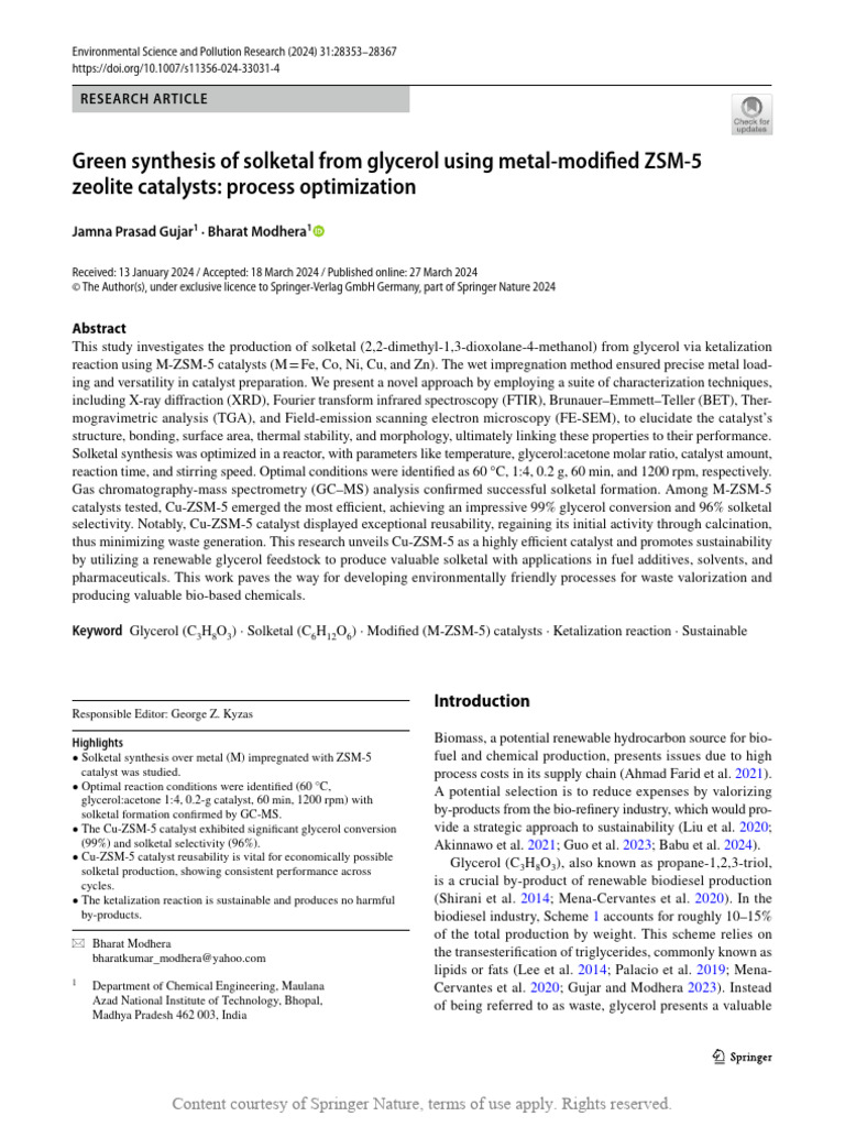 Green Synthesis of Solketal from Glycerol | PDF | Catalysis | Biodiesel