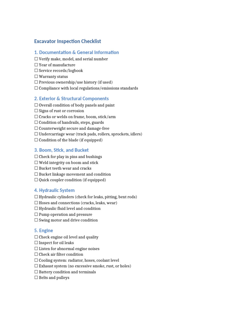 Excavator Inspection Checklist Guide | PDF | Manufactured Goods ...