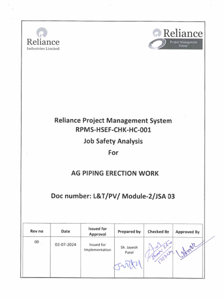 JSA - AG Piping Erection Work - Module-2 | PDF