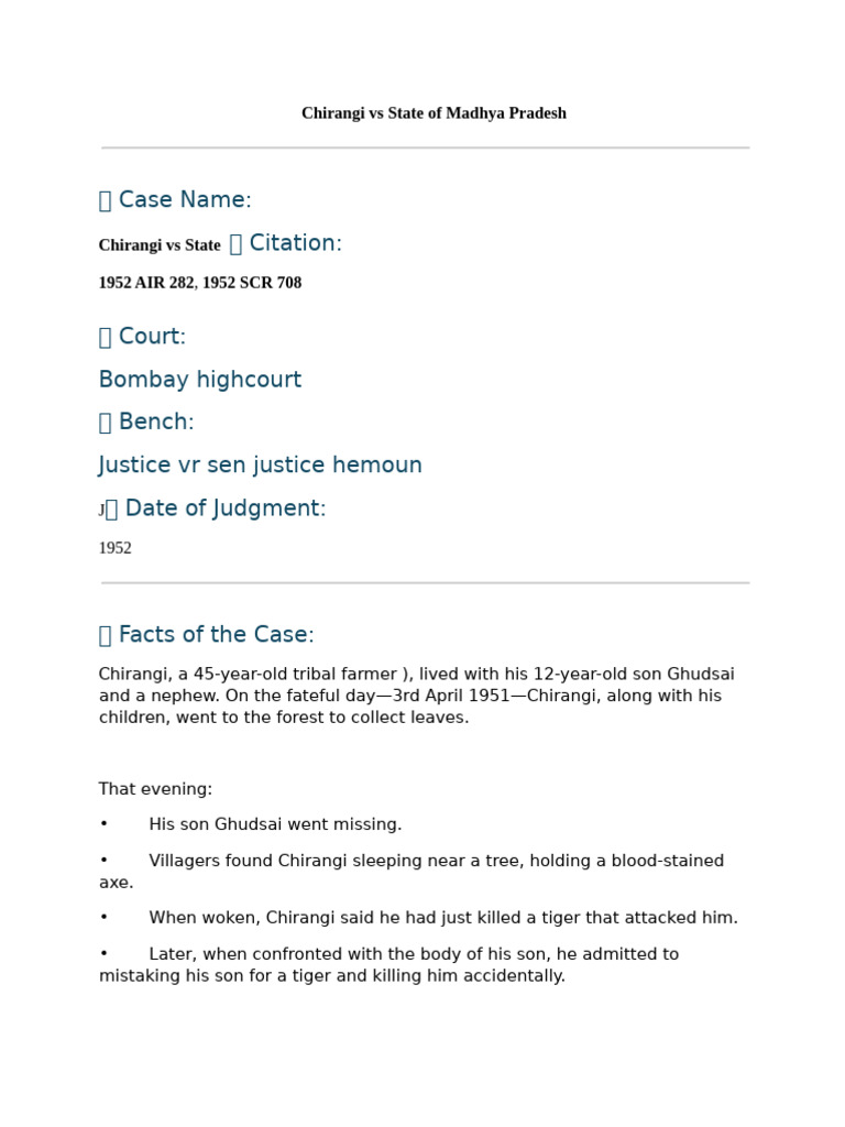 Chirangi Vs State of Madhya Pradesh Case | PDF | Insanity Defense | Mens Rea