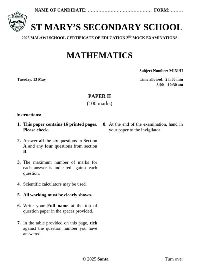 2025 Santa 2ND Mock Maths Pii | PDF | Circle | Mathematics