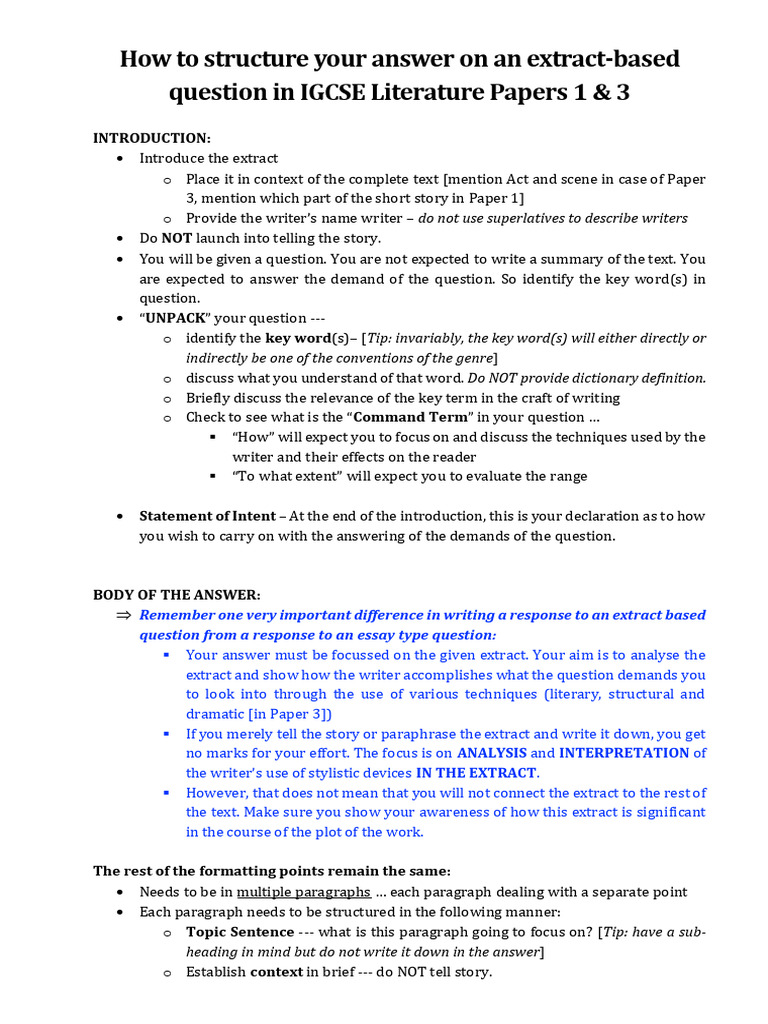 How To Structure Your Extract Based Answer in Literature | PDF ...