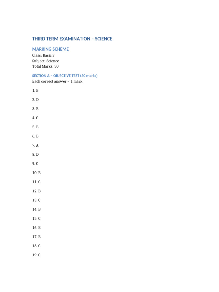 Basic 3 Science Exam Marking Scheme | PDF