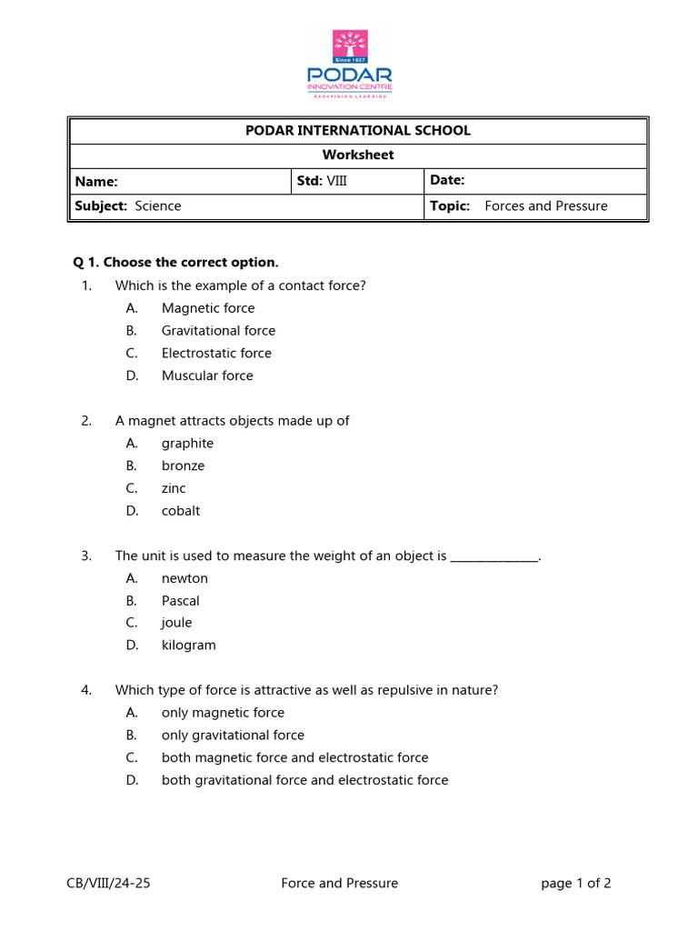 Science Assessment - Grade 8 Force and Pressure | PDF