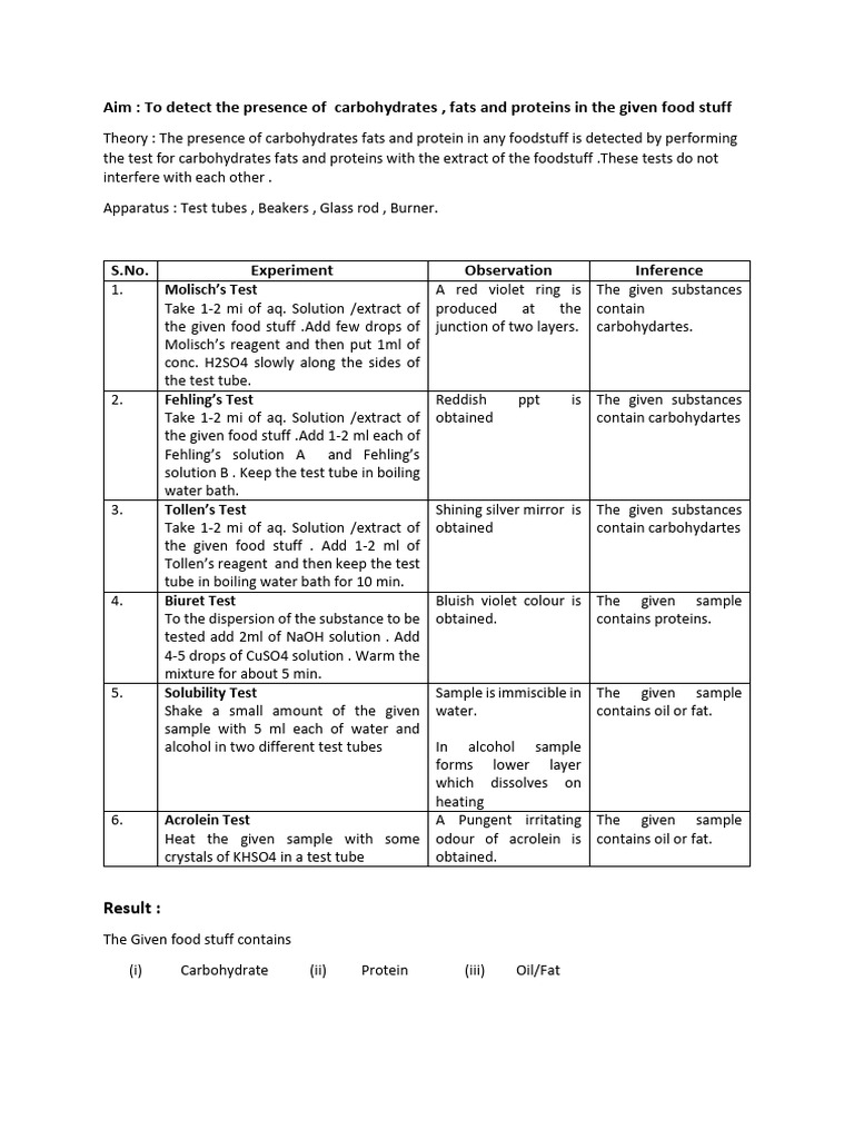 Test For Carbo Proteins and Fats One Expt | PDF | Chemistry | Chemical ...