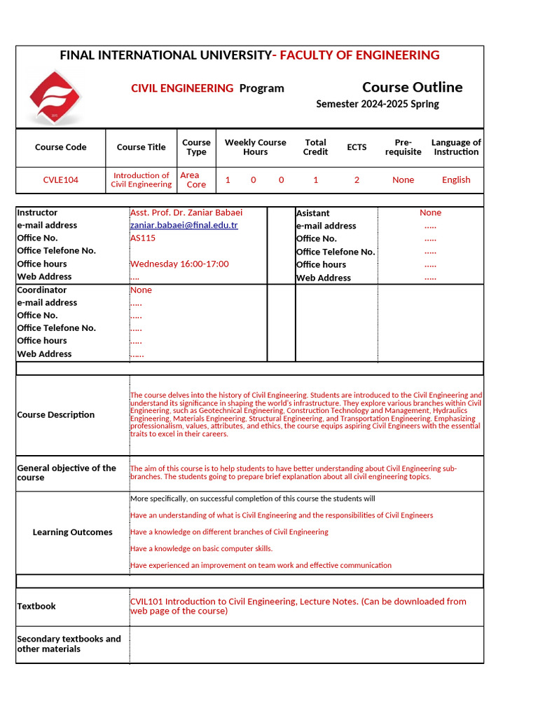 CVLE104 (Introduction To Civil Engineering) OUTLINE 2024-2025 Spring ...
