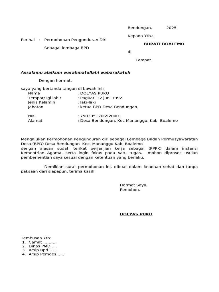 Surat Pengunduran Diri Sebagai Anggota BPD | PDF