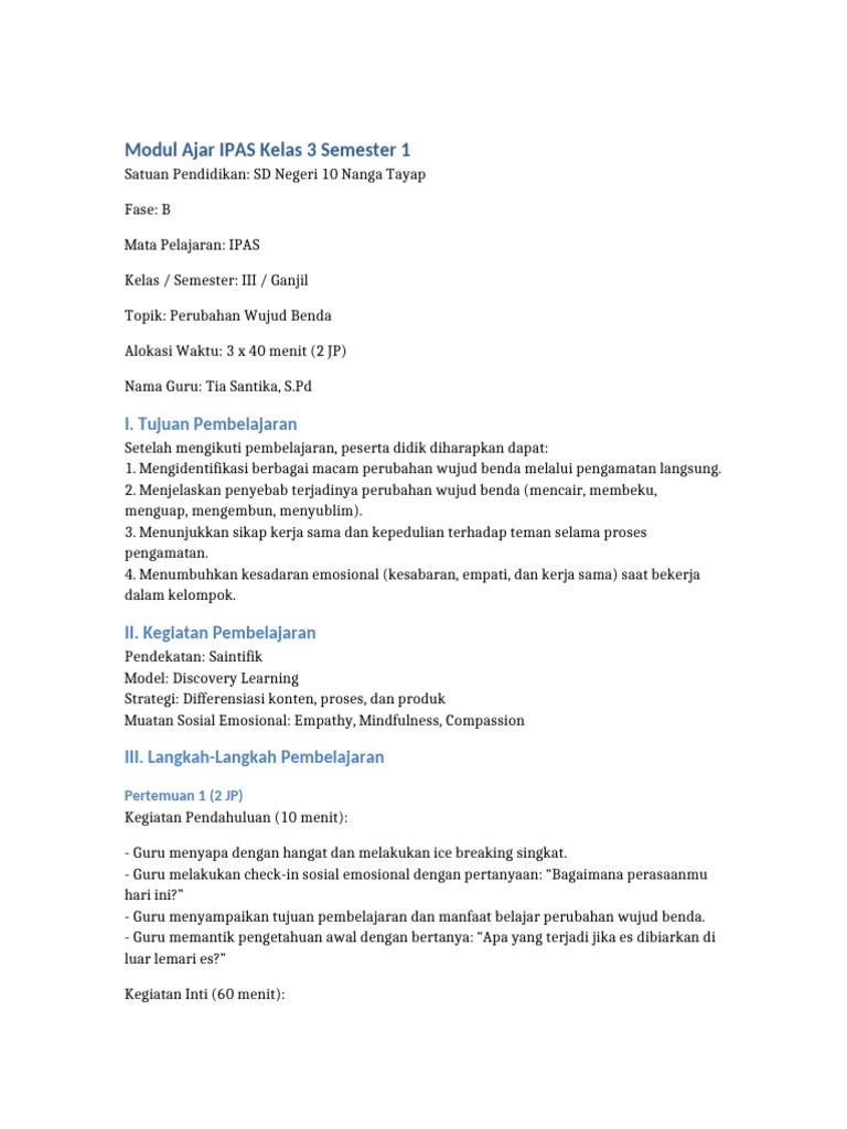 Modul Ajar IPAS Kelas 3 Perubahan Wujud Benda | PDF